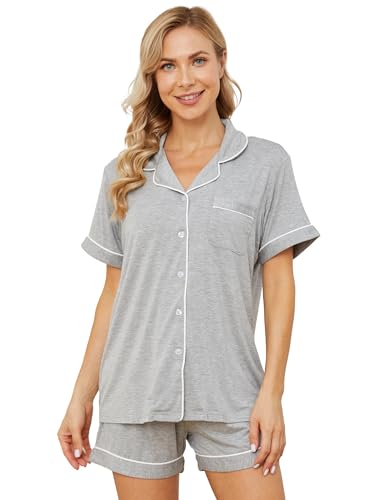 Yoolfine Womens Pajama Sets Short Sleeve Sleepwear Soft Button Down Nightwear Lounge Pj Set,Medium,Grey