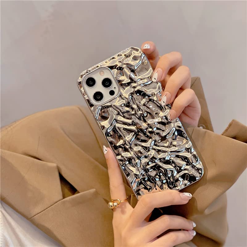 Yebowe Compatible with iPhone 13 Mini Case, Cute 3D Tin Foil Pleated Luxury Phone Cover for Women Girls Cool Bling Designer Soft Slim Case for iPhone 13 Mini Silver