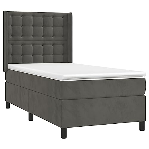 vidaXL Box Spring Bed with Mattress and LED Bedroom Upholstered Single Bed Frame Base Mattress Protector Foam Topper Furniture Dark Gray Twin Velvet