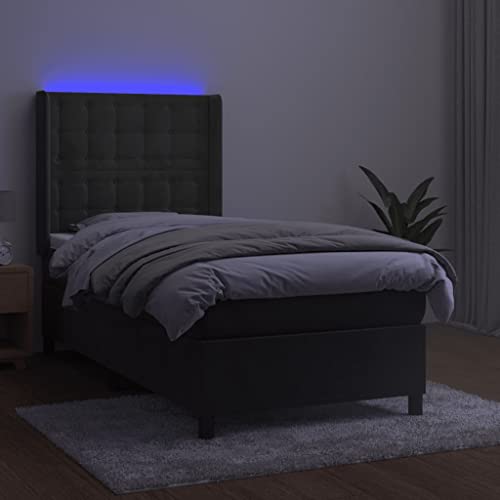 vidaXL Box Spring Bed with Mattress and LED Bedroom Upholstered Single Bed Frame Base Mattress Protector Foam Topper Furniture Dark Gray Twin Velvet