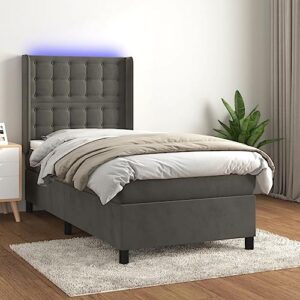 vidaXL Box Spring Bed with Mattress and LED Bedroom Upholstered Single Bed Frame Base Mattress Protector Foam Topper Furniture Dark Gray Twin Velvet