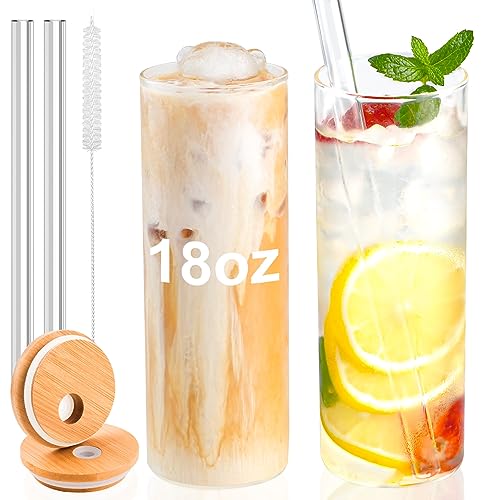 Glass Cups with Lids and Straws, 18oz Borosilicate Glass Tumbler with Straws and Bamboo Lids Reusable Clear Iced Coffee Cups for Coffee Milk Tea Juice DIY Drinks Coffee Bar Accessories- 2 Pack