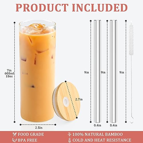 Glass Cups with Lids and Straws, 18oz Borosilicate Glass Tumbler with Straws and Bamboo Lids Reusable Clear Iced Coffee Cups for Coffee Milk Tea Juice DIY Drinks Coffee Bar Accessories- 2 Pack