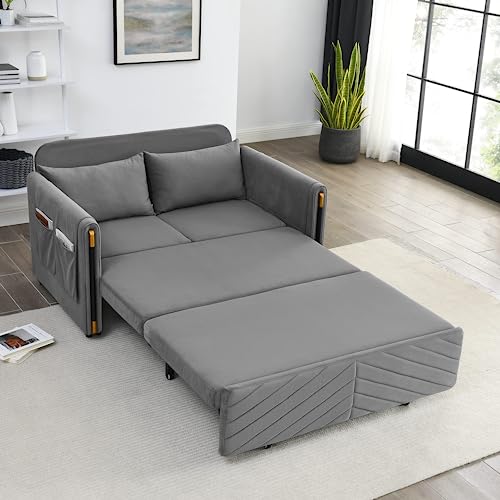 Eafurn Convertible Sleeper Sofa Bed, Modern Velvet Padded Loveseat Couch with Pull Out Bed & w/ 2 Pillows and Side Pockets, Small Love Seat Futon Sofa & Couch with Headboard for Living Room, Grey 54"