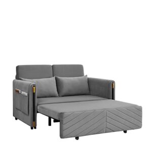 Eafurn Convertible Sleeper Sofa Bed, Modern Velvet Padded Loveseat Couch with Pull Out Bed & w/ 2 Pillows and Side Pockets, Small Love Seat Futon Sofa & Couch with Headboard for Living Room, Grey 54"