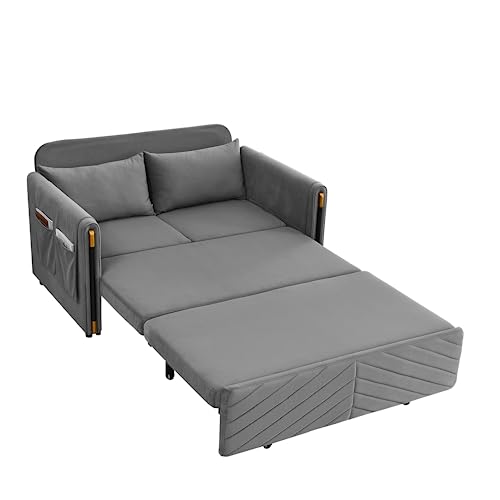 Eafurn Convertible Sleeper Sofa Bed, Modern Velvet Padded Loveseat Couch with Pull Out Bed & w/ 2 Pillows and Side Pockets, Small Love Seat Futon Sofa & Couch with Headboard for Living Room, Grey 54"