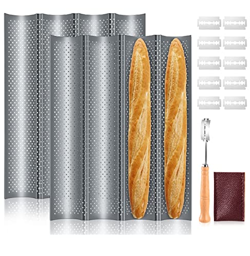 Norme 2 Pieces Nonstick Baguette Pan 4 Loaves Perforated French Bread Pan Bread Knife Bread Lame Dough Scoring Tool with 10 Blades and Leather Cover for Kitchen Bakery Baker's Tray Oven Toaster Tool