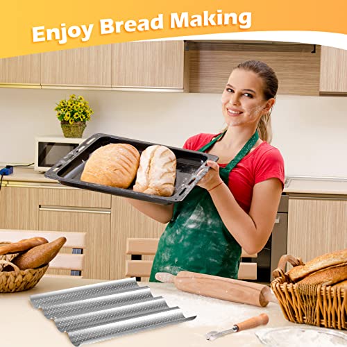 Norme 2 Pieces Nonstick Baguette Pan 4 Loaves Perforated French Bread Pan Bread Knife Bread Lame Dough Scoring Tool with 10 Blades and Leather Cover for Kitchen Bakery Baker's Tray Oven Toaster Tool