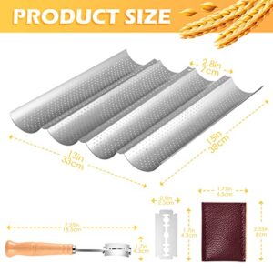 Norme 2 Pieces Nonstick Baguette Pan 4 Loaves Perforated French Bread Pan Bread Knife Bread Lame Dough Scoring Tool with 10 Blades and Leather Cover for Kitchen Bakery Baker's Tray Oven Toaster Tool