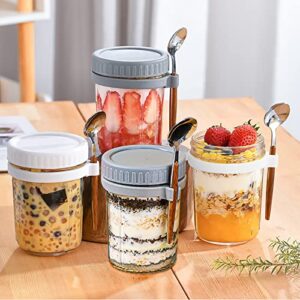 Overnight Oats Containers with Lids and Spoon, 4 Pack Mason Jars for Overnight Oats, 16 Oz Overnight Oats Jars Glass Oatmeal Container to Go for Chia Pudding Yogurt Salad Cereal Meal Prep Jars (White x 2,Grey x 2)