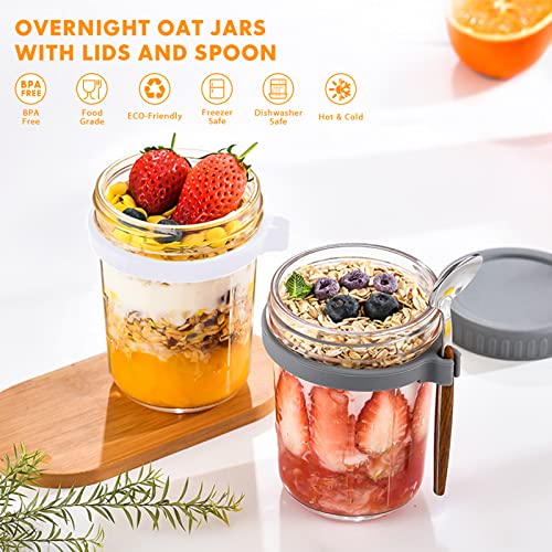 Overnight Oats Containers with Lids and Spoon, 4 Pack Mason Jars for Overnight Oats, 16 Oz Overnight Oats Jars Glass Oatmeal Container to Go for Chia Pudding Yogurt Salad Cereal Meal Prep Jars (White x 2,Grey x 2)