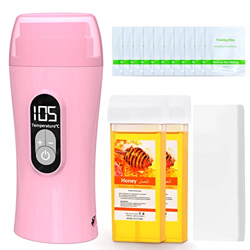 Roll on Wax Kit, Demine Honey Roller Waxing Kit for Hair Removal, Soft Depilatory Sensitive Skin, Portable Digital Roll-On Warmer Women & Men with 2 Cartridge Refill 10 Wax-removing wipes and 100pcs Strips(Pink)