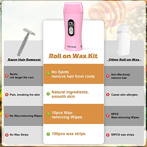 Roll on Wax Kit, Demine Honey Roller Waxing Kit for Hair Removal, Soft Depilatory Sensitive Skin, Portable Digital Roll-On Warmer Women & Men with 2 Cartridge Refill 10 Wax-removing wipes and 100pcs Strips(Pink)