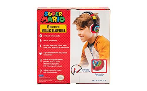 eKids Super Mario Kids Bluetooth Headphones, Wireless Headphones with Microphone Includes Aux Cord, Volume Reduced Kids Foldable Headphones for School, Home, or Travel