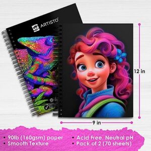 ARTISTO 9x12" Premium Black Paper Pads, Spiral Bound Sketchbook, Pack of 2, 70 Sheets (150g/m2), Acid-Free Drawing Paper, Ideal for Kids, Teens & Adults