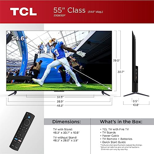 TCL 55-Inch Q6 QLED 4K Smart TV with Fire TV (55Q650F, 2023 Model) Dolby Vision, Dolby Atmos, HDR Pro+, Alexa Built-in with Voice Remote, Streaming UHD Television,Black