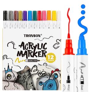 TRANSON 12 Color Dual-tip Acrylic Paint Pen Set for Canvas Rock Wood Leather Ceramic DIY Painting