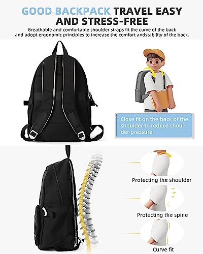 Lightweight School Backpack for Women Men, Laptop Travel Casual Daypack College Secondary School Bags Bookbag for Teenage Girls Boys, Black