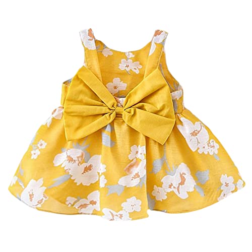 Kumrabal Baby Girl Dresses, Cute Baby Girl Clothes,Toddler Flower Girl Birthday Party Summer Sleeveless Backless Bow Sundress(Yellow with Peach Blossom 90CM)