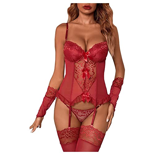 Black Tights, Lengire Sexy for Women Underwear Lengerie Sets Women's Lingerie Solid Color Garter Stockings Suit Two Piece - Lingerie Woman Bra Langire and Panties One Piece (M, Red)