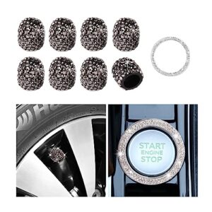 ziciner 8 pcs handmade crystal rhinestone car tire valve stem cap, sparkling crystal rhinestone, dustproof bling car accessories, with start stop decoration ring, fit for suv, truck (bright black)