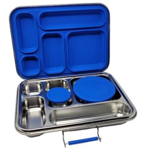 Flatbush Goods Leak Resistant Stainless Steel Bento Lunchbox with Silicone Seal, 2 Leak Proof Containers and 5 Compartments - Durable and Sustainable for Adults and Kids 5 and Older (Blue)