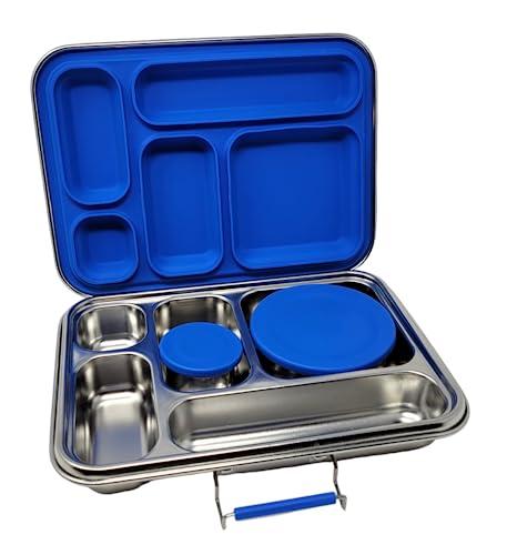 Flatbush Goods Leak Resistant Stainless Steel Bento Lunchbox with Silicone Seal, 2 Leak Proof Containers and 5 Compartments - Durable and Sustainable for Adults and Kids 5 and Older (Blue)