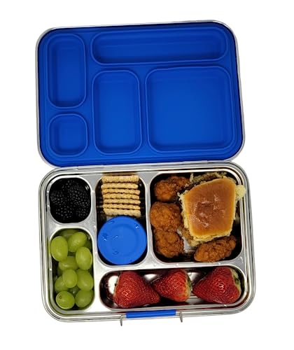 Flatbush Goods Leak Resistant Stainless Steel Bento Lunchbox with Silicone Seal, 2 Leak Proof Containers and 5 Compartments - Durable and Sustainable for Adults and Kids 5 and Older (Blue)