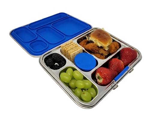 Flatbush Goods Leak Resistant Stainless Steel Bento Lunchbox with Silicone Seal, 2 Leak Proof Containers and 5 Compartments - Durable and Sustainable for Adults and Kids 5 and Older (Blue)