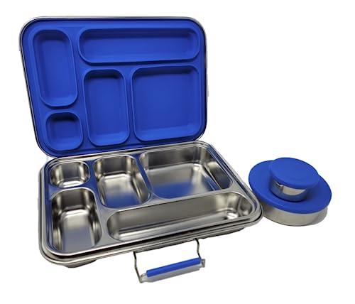 Flatbush Goods Leak Resistant Stainless Steel Bento Lunchbox with Silicone Seal, 2 Leak Proof Containers and 5 Compartments - Durable and Sustainable for Adults and Kids 5 and Older (Blue)