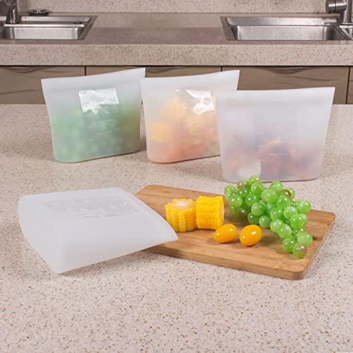 Annaklin Reusable Silicone Food Storage Bags Quart 4 Pack, Stand Up Ziplock Reusable Freezer Sandwich Bag Containers for Food Travel, Freezer Microwave Oven Dishwasher Safe, Translucent, 33.8fl.oz