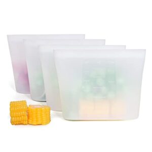 Annaklin Reusable Silicone Food Storage Bags Quart 4 Pack, Stand Up Ziplock Reusable Freezer Sandwich Bag Containers for Food Travel, Freezer Microwave Oven Dishwasher Safe, Translucent, 33.8fl.oz