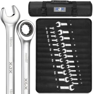 xjx 24pcs ratcheting combination wrench set | sae & metric | 12 point | 1/4”to 7/8” and 8-19mm | cr-v steel | ratchet wrenches set with portable roll-up pouch