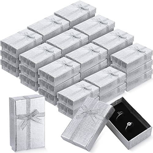 Highergo 36 Pcs Jewelry Gift Box Set Cardboard Paper Jewelry Boxes Packaging Empty Small Gift Boxes with Lids Ribbon Bowknot Bulk for Rings Earrings Necklace Bracelet Jewelry Gift Boxes (Silver)