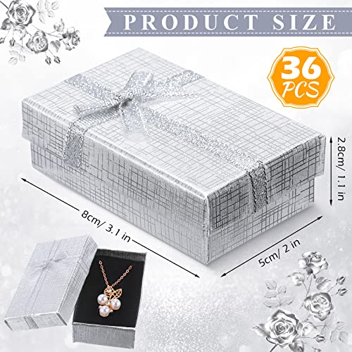 Highergo 36 Pcs Jewelry Gift Box Set Cardboard Paper Jewelry Boxes Packaging Empty Small Gift Boxes with Lids Ribbon Bowknot Bulk for Rings Earrings Necklace Bracelet Jewelry Gift Boxes (Silver)