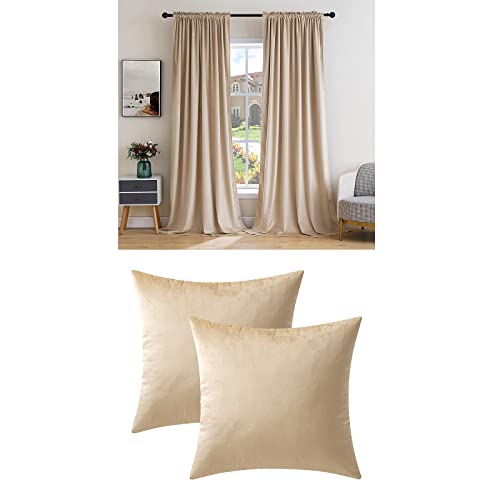 MIULEE Camel Beige Velvet Curtains Thermal Insulated Blackout Curtain Set of 2 and Pack of 2 Velvet Soft Solid Decorative Square Throw Pillow Covers 18 x 18 Inch Beige