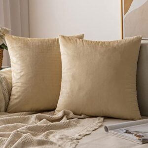 MIULEE Camel Beige Velvet Curtains Thermal Insulated Blackout Curtain Set of 2 and Pack of 2 Velvet Soft Solid Decorative Square Throw Pillow Covers 18 x 18 Inch Beige