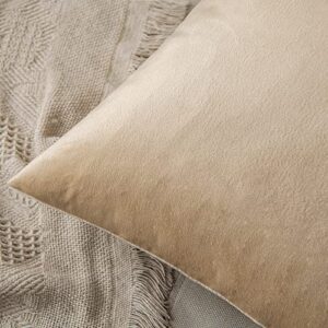 MIULEE Camel Beige Velvet Curtains Thermal Insulated Blackout Curtain Set of 2 and Pack of 2 Velvet Soft Solid Decorative Square Throw Pillow Covers 18 x 18 Inch Beige