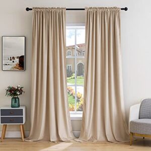 MIULEE Camel Beige Velvet Curtains Thermal Insulated Blackout Curtain Set of 2 and Pack of 2 Velvet Soft Solid Decorative Square Throw Pillow Covers 18 x 18 Inch Beige