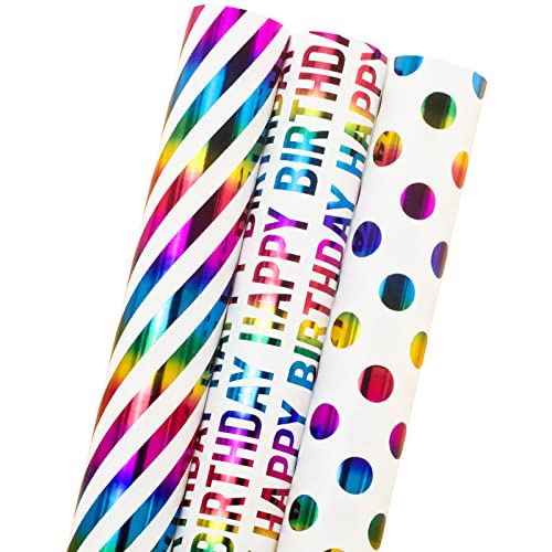 LDGOOAEL Mini Short Birthday Wrapping Paper Roll - 17" X 120" Per Roll - Colorful Foil with Stripes, Dots & Happy Birthday Lettering Gift Wrapping Paper for Holiday, Birthday, Wedding, Baby Shower