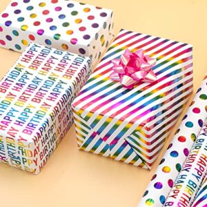 LDGOOAEL Mini Short Birthday Wrapping Paper Roll - 17" X 120" Per Roll - Colorful Foil with Stripes, Dots & Happy Birthday Lettering Gift Wrapping Paper for Holiday, Birthday, Wedding, Baby Shower