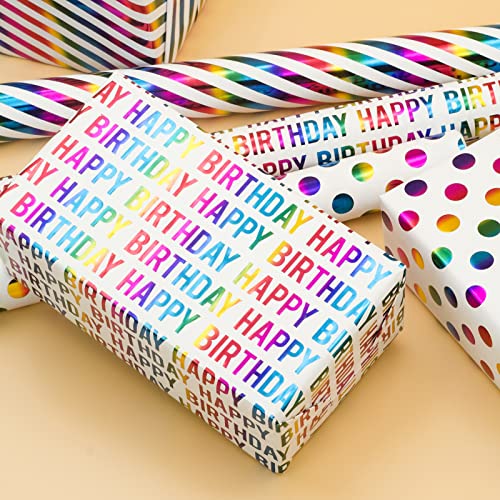 LDGOOAEL Mini Short Birthday Wrapping Paper Roll - 17" X 120" Per Roll - Colorful Foil with Stripes, Dots & Happy Birthday Lettering Gift Wrapping Paper for Holiday, Birthday, Wedding, Baby Shower