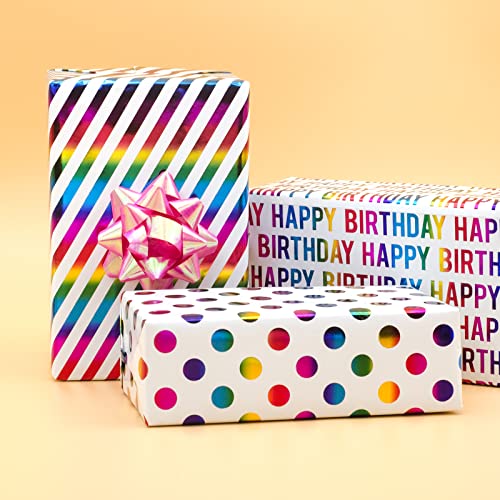 LDGOOAEL Mini Short Birthday Wrapping Paper Roll - 17" X 120" Per Roll - Colorful Foil with Stripes, Dots & Happy Birthday Lettering Gift Wrapping Paper for Holiday, Birthday, Wedding, Baby Shower