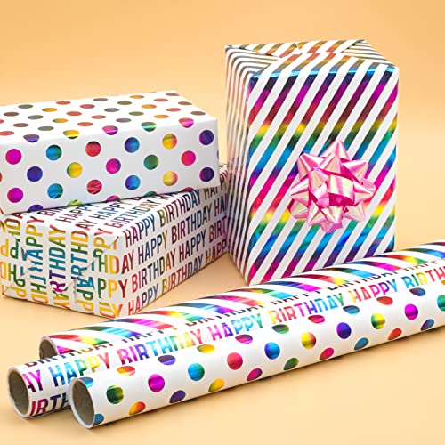 LDGOOAEL Mini Short Birthday Wrapping Paper Roll - 17" X 120" Per Roll - Colorful Foil with Stripes, Dots & Happy Birthday Lettering Gift Wrapping Paper for Holiday, Birthday, Wedding, Baby Shower