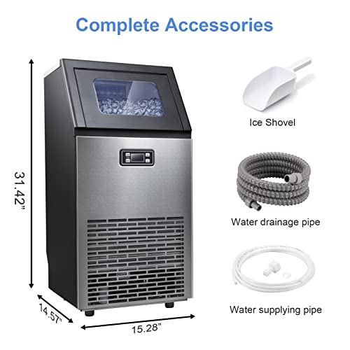 Kismile Commercial Ice Maker Machine,100Lbs/Day,45 Cubes/Batch in 11-20 Mins,Stainless Steel Freestanding Ice Maker with 2 Self-Cleaning,Water Inlet Modes for Home/Restaurant/Bar/Cafe