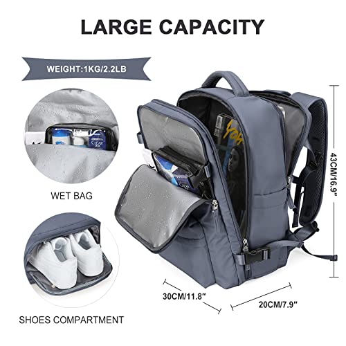 Travel Backpack Women, Carry On Backpack for Men, Hiking Laptop Backpack Waterproof Outdoor Sports Rucksack Casual Daypack, Grey Blue