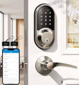 veise smart locks for front door, 2 lever handle set, keyless entry deadbolt, app control, electronic digital touchscreen keypad, auto lock, ip54 waterproof, easy installation, satin nickel