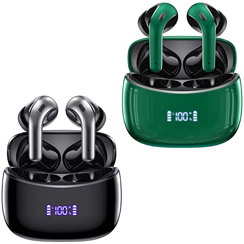 2 Sets Wireless Earbuds Bluetooth Headphones 60H Playtime Ear Buds with LED Power Display Charging Case Earphones in-Ear Earbud with Microphone for Android Cell Phone Gaming PC Laptop Black + Green