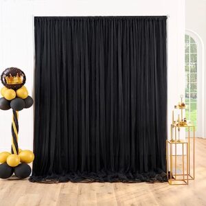 10ft x 10ft Dual Layer Black Tulle Backdrop Curtain Panels with Light, 2 Panels 5 x 10 ft Photo Background Drapes for Wedding Baby Shower Party Engagement Bridal Shower Photography