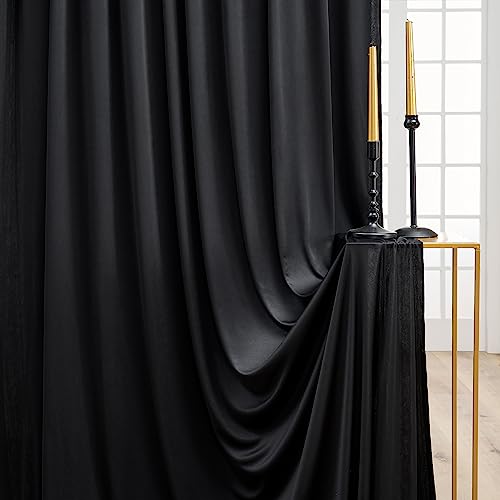 10ft x 10ft Dual Layer Black Tulle Backdrop Curtain Panels with Light, 2 Panels 5 x 10 ft Photo Background Drapes for Wedding Baby Shower Party Engagement Bridal Shower Photography